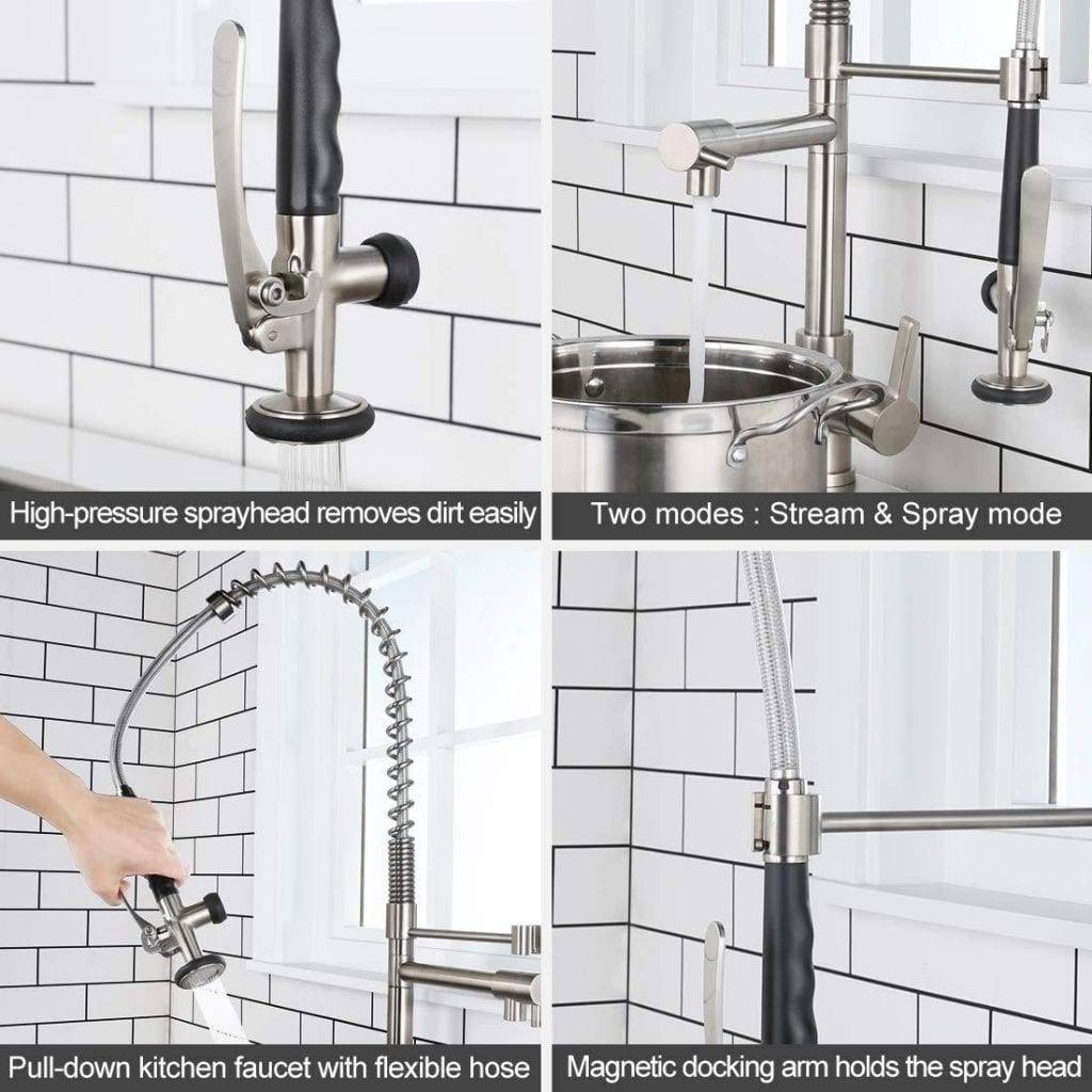 WOWOW Brushed Nickel Kitchen Faucet Commercial With Spring Pull Down ...