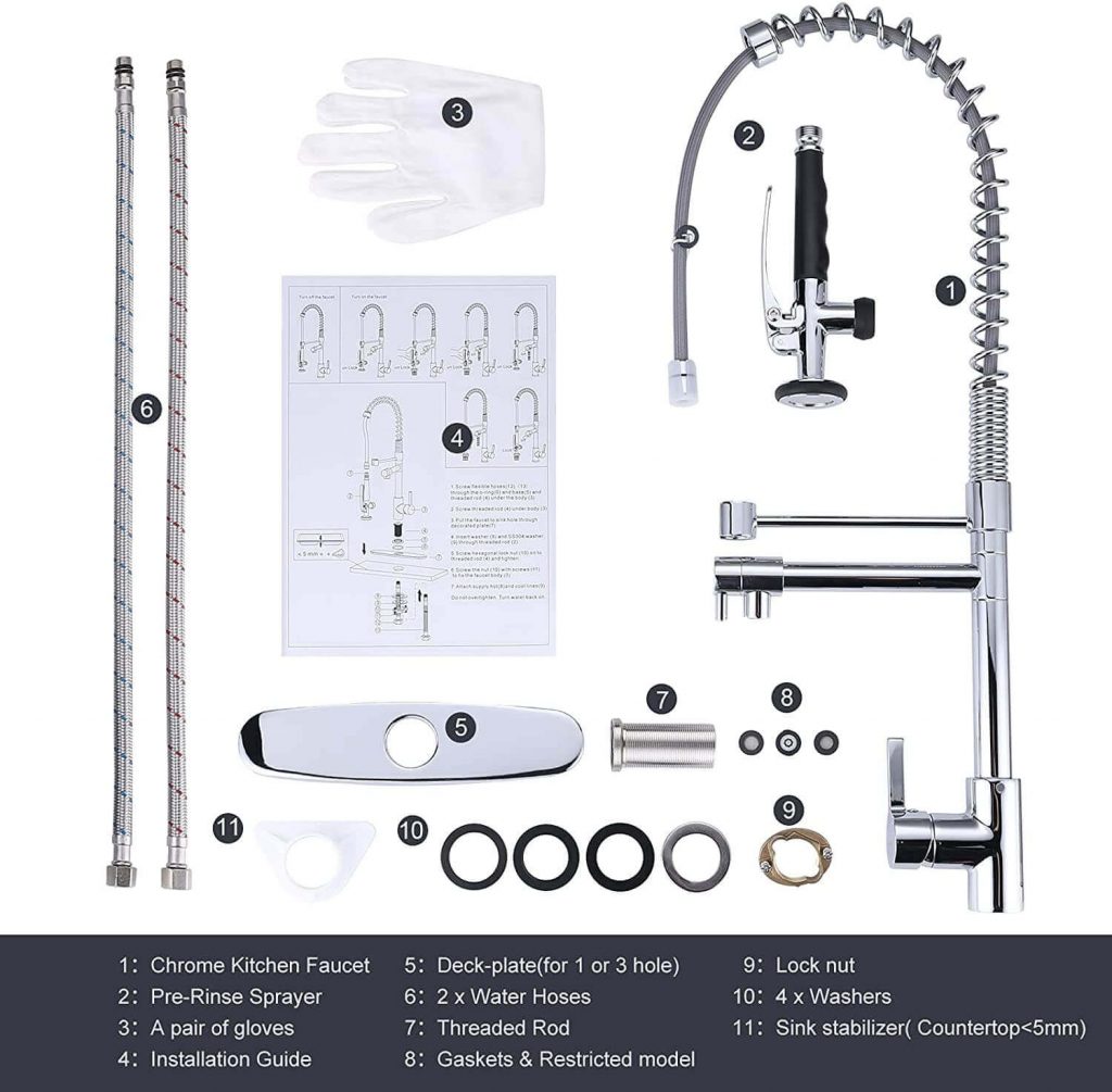 WOWOW Commercial Spring Pull Down Kitchen Faucet with Sprayer, Pre ...