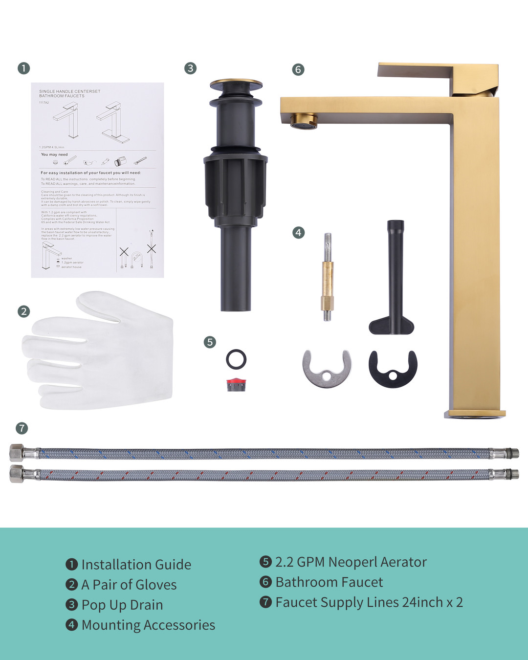 WOWOW Single Handle Brushed Gold High Arc Bathroom Faucet with Drain ...