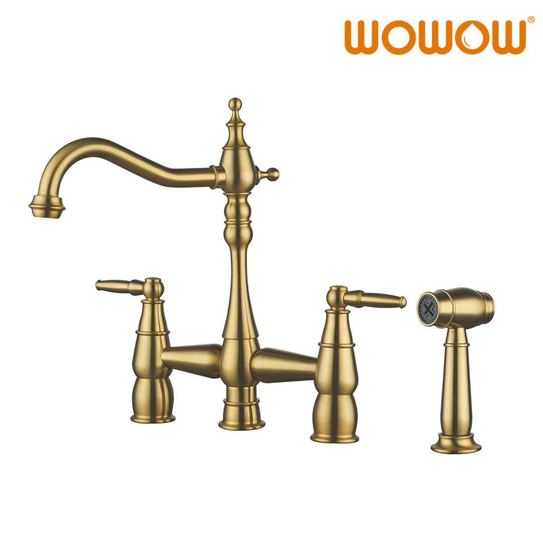 WOWOW Brushed Gold 4 Hole Double Handle Bridge Kitchen Faucet with Side ...