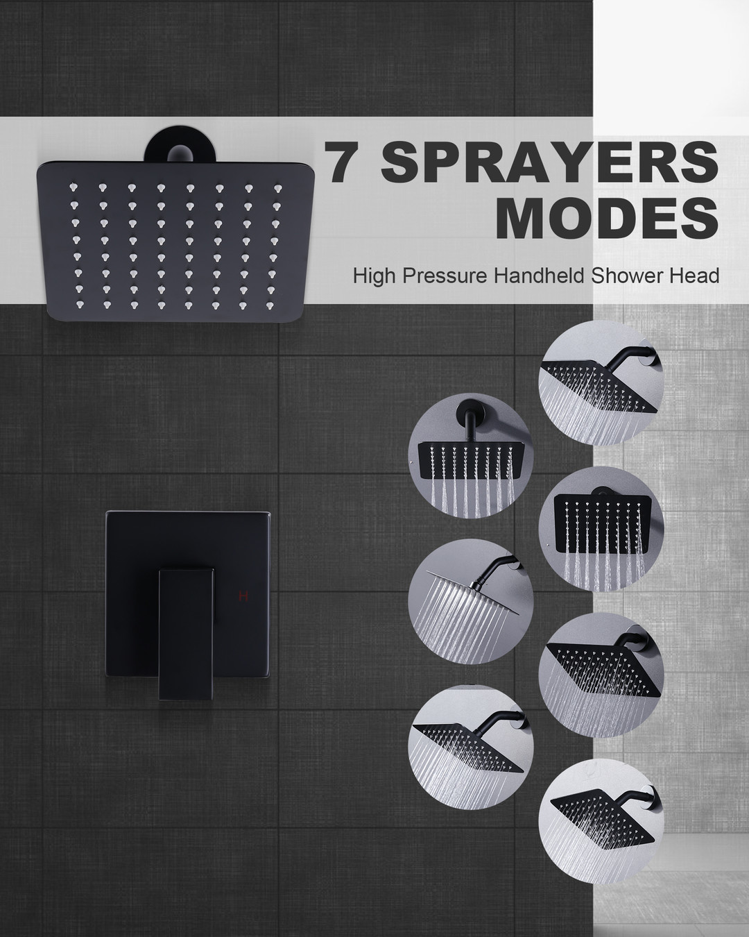 WOWOW Matte Black 7-Spray Patterns Wall Mount High Pressure Shower System